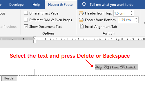 How To Remove The Page Header Or Page Footer In Word 2019 My Microsoft Office Tips